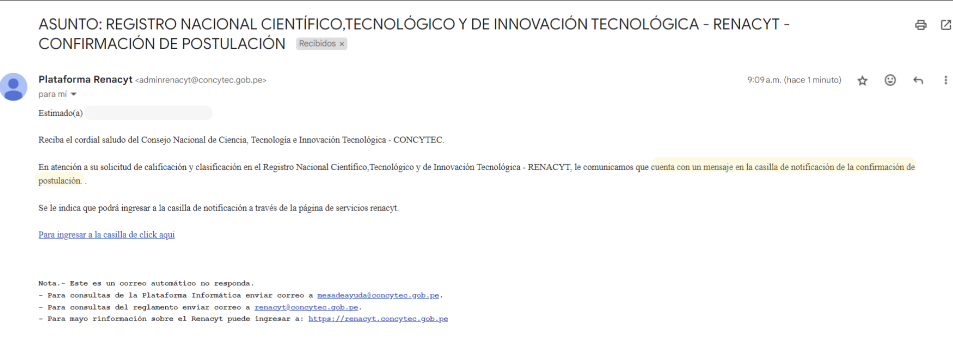 Confirmación de Solicitud - Plataforma de servicio Renacyt